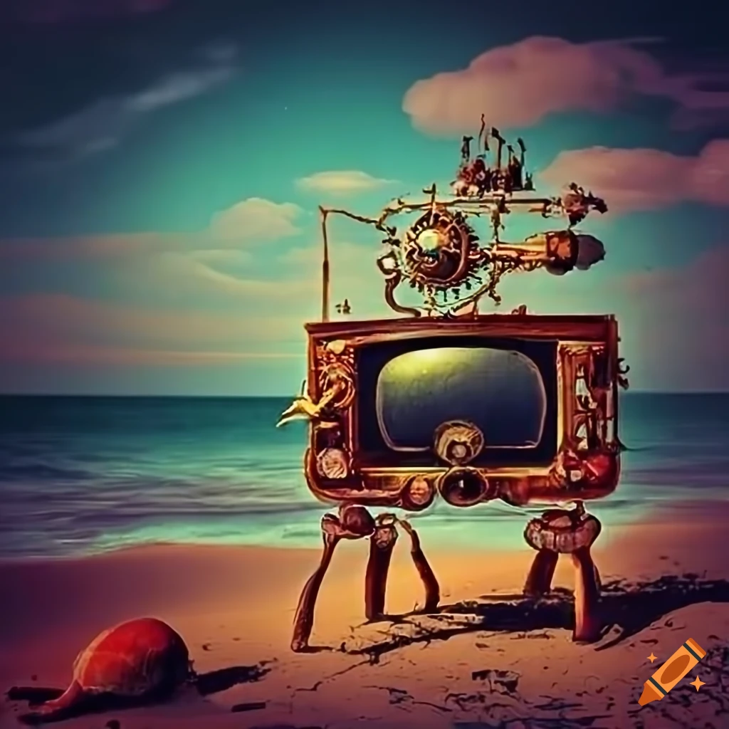 Surreal steampunk beach scene with crab-like machines and skulls ...