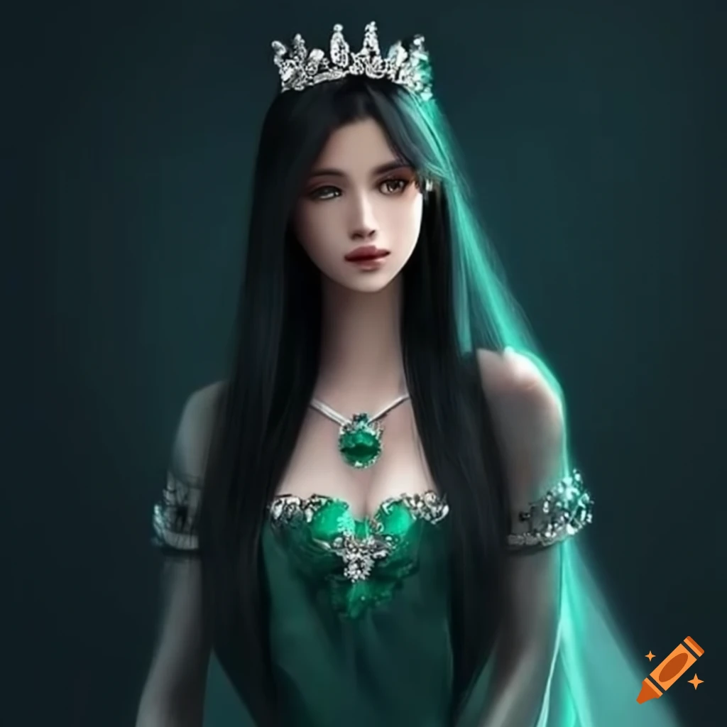 Princess wearing a long dark green satin dress on Craiyon