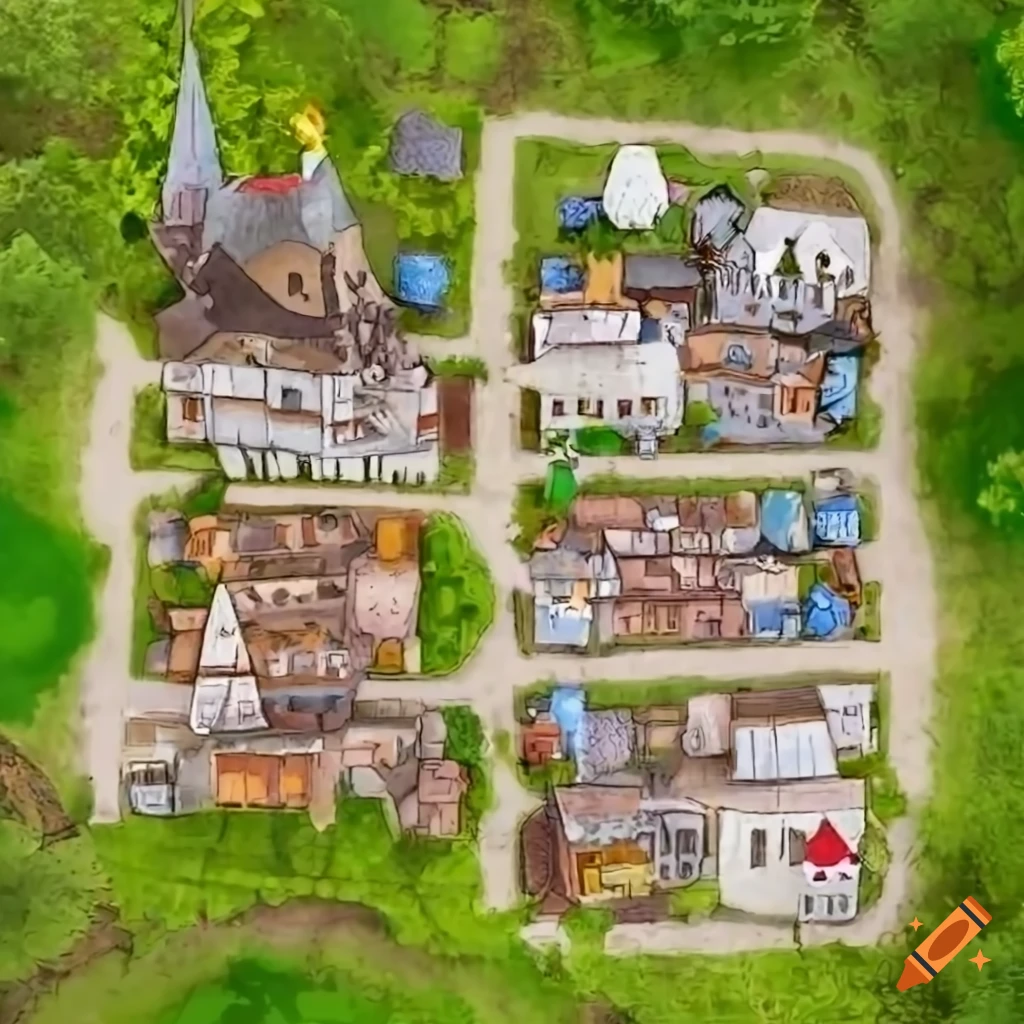 Top-down view of a fantasy riverside village on Craiyon