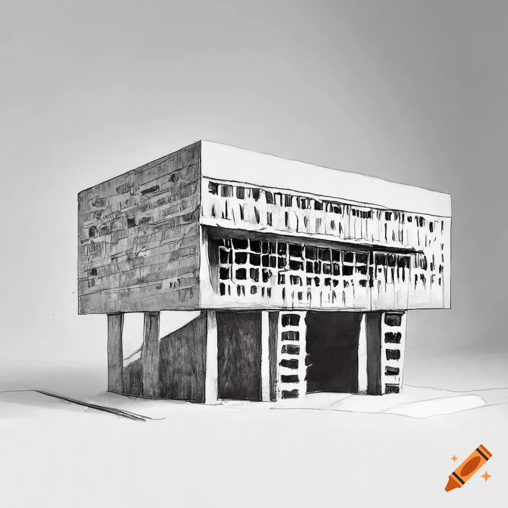 Pen and ink drawing of a school cafeteria in brutalist architecture ...