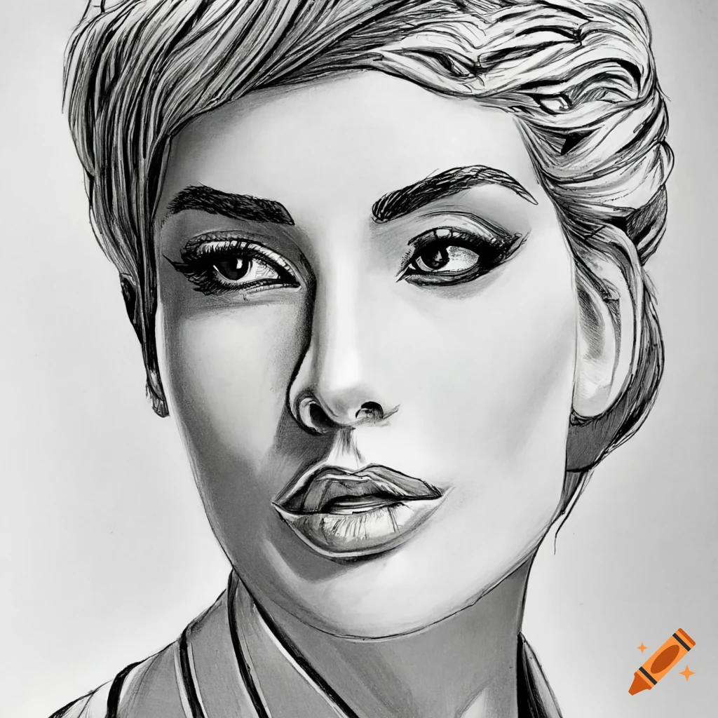 Line-art coloring book page of a detailed woman