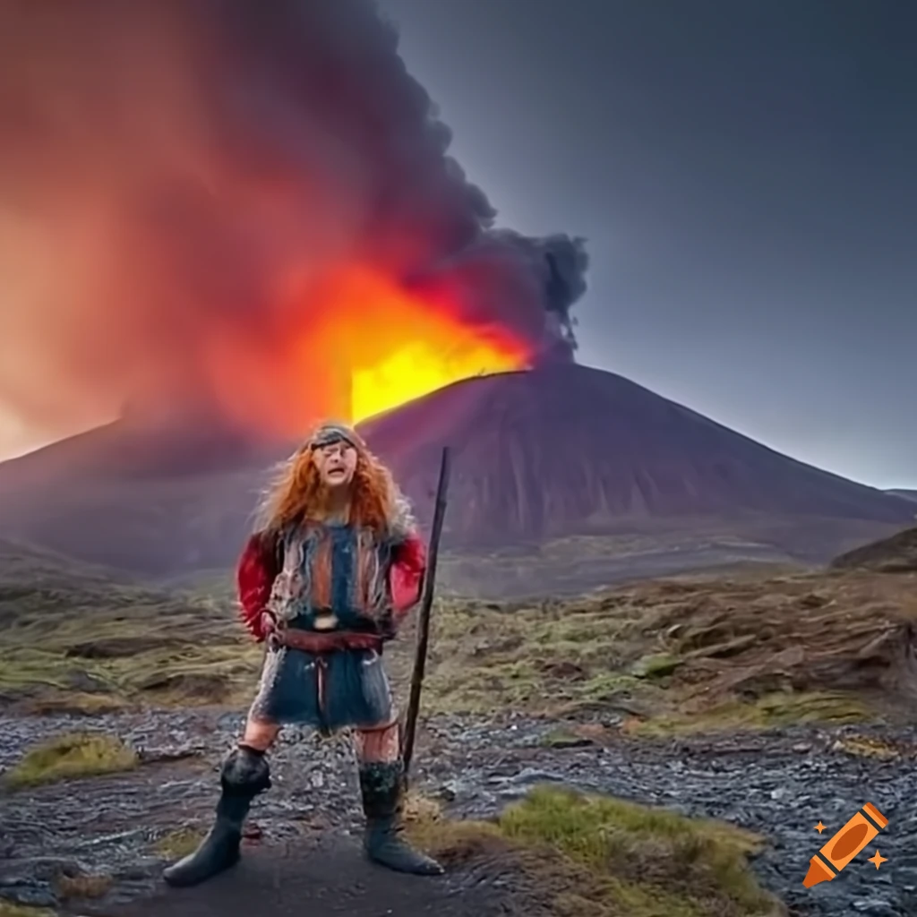 Red-haired Viking standing near a volcano on Craiyon
