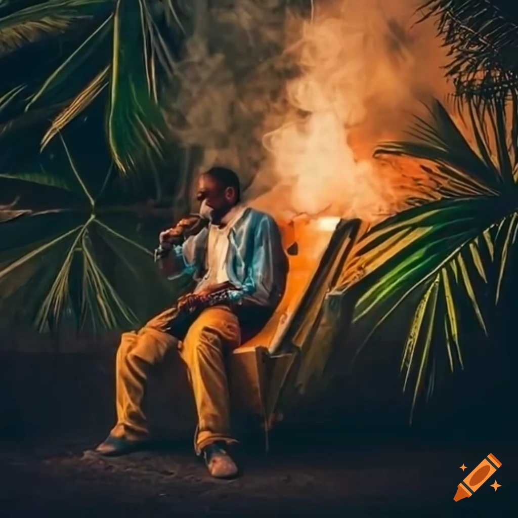 Man sitting on a cigar and smoking under a palm tree on Craiyon