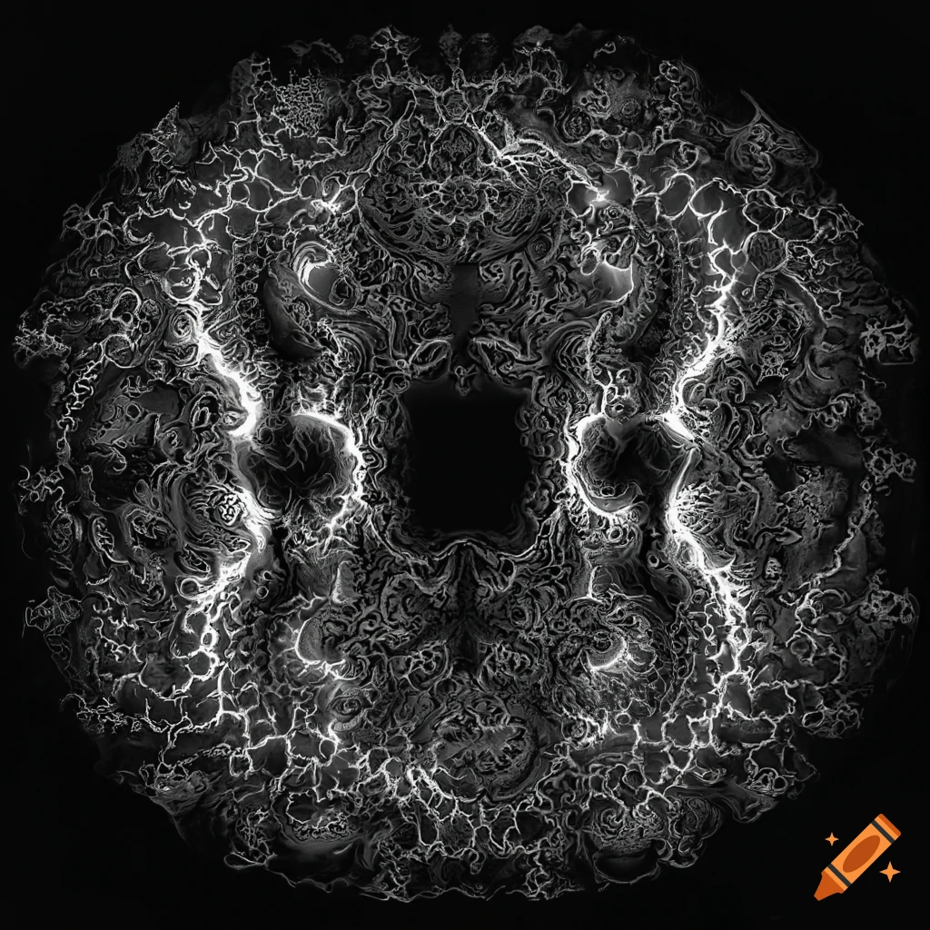 Monochrome fractal representing yin and yang with lightning