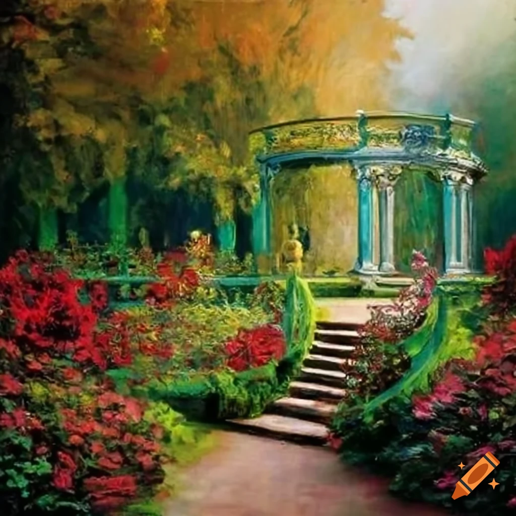 Victorian garden painting with curved stairs on Craiyon
