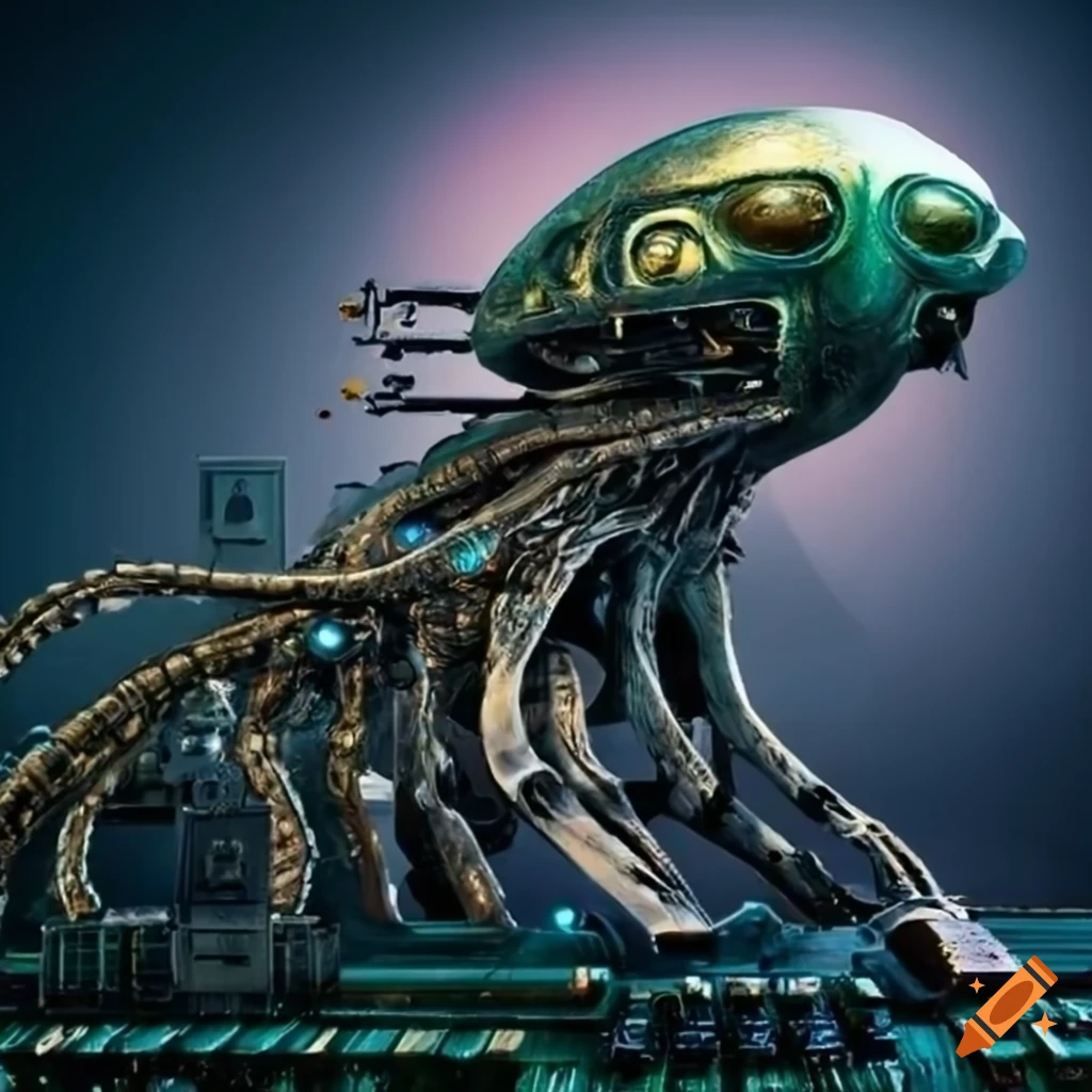 Surrealist artwork of aliens and machines in front of computer boards ...