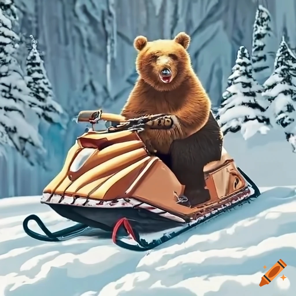 Bear riding a snowmobile