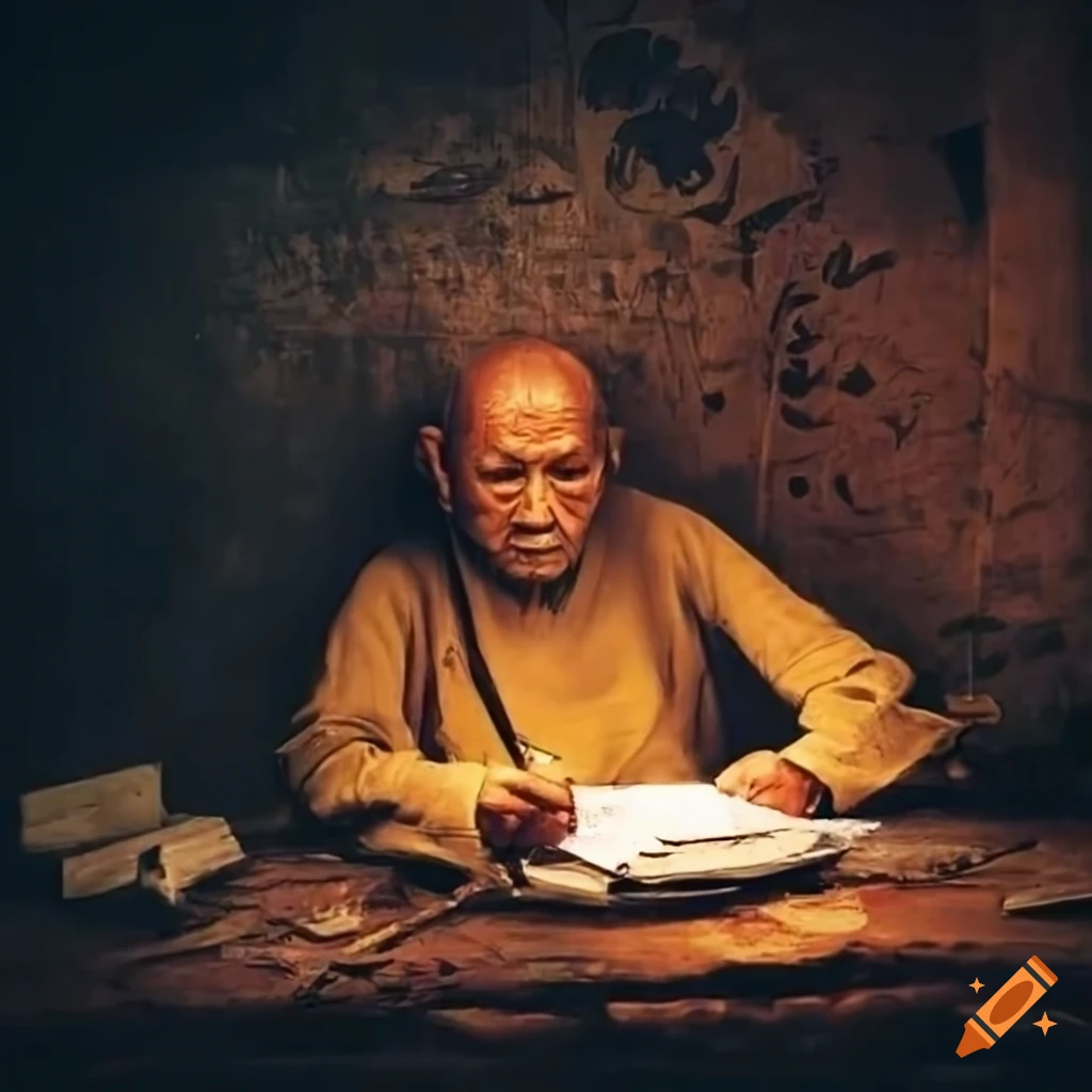 Detailed depiction of an elderly Asian man writing calligraphy on Craiyon
