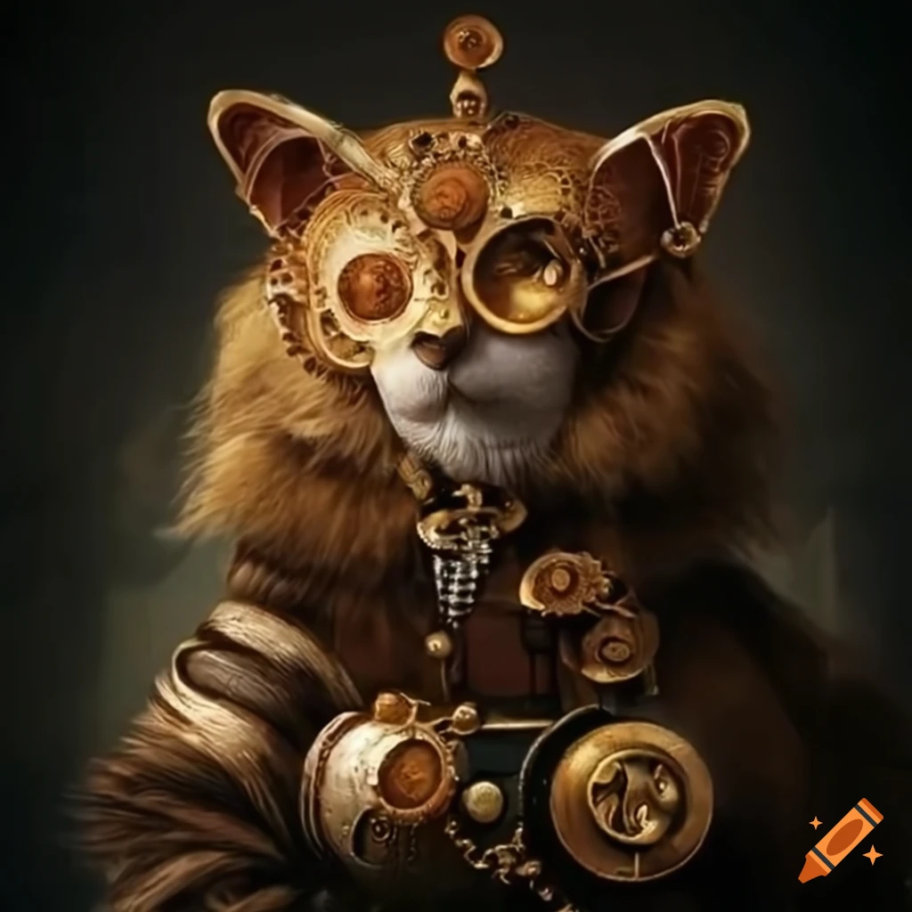 Steampunk animals having fun with their master on Craiyon