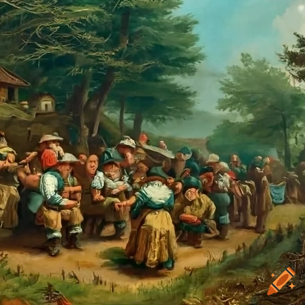 Baroque painting of village celebration near a forest