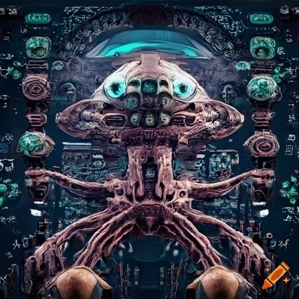 Surreal artwork of alien machines and spaceship on Craiyon