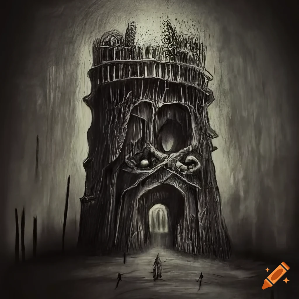 Hyper-realistic black ink drawing of a tower on Craiyon