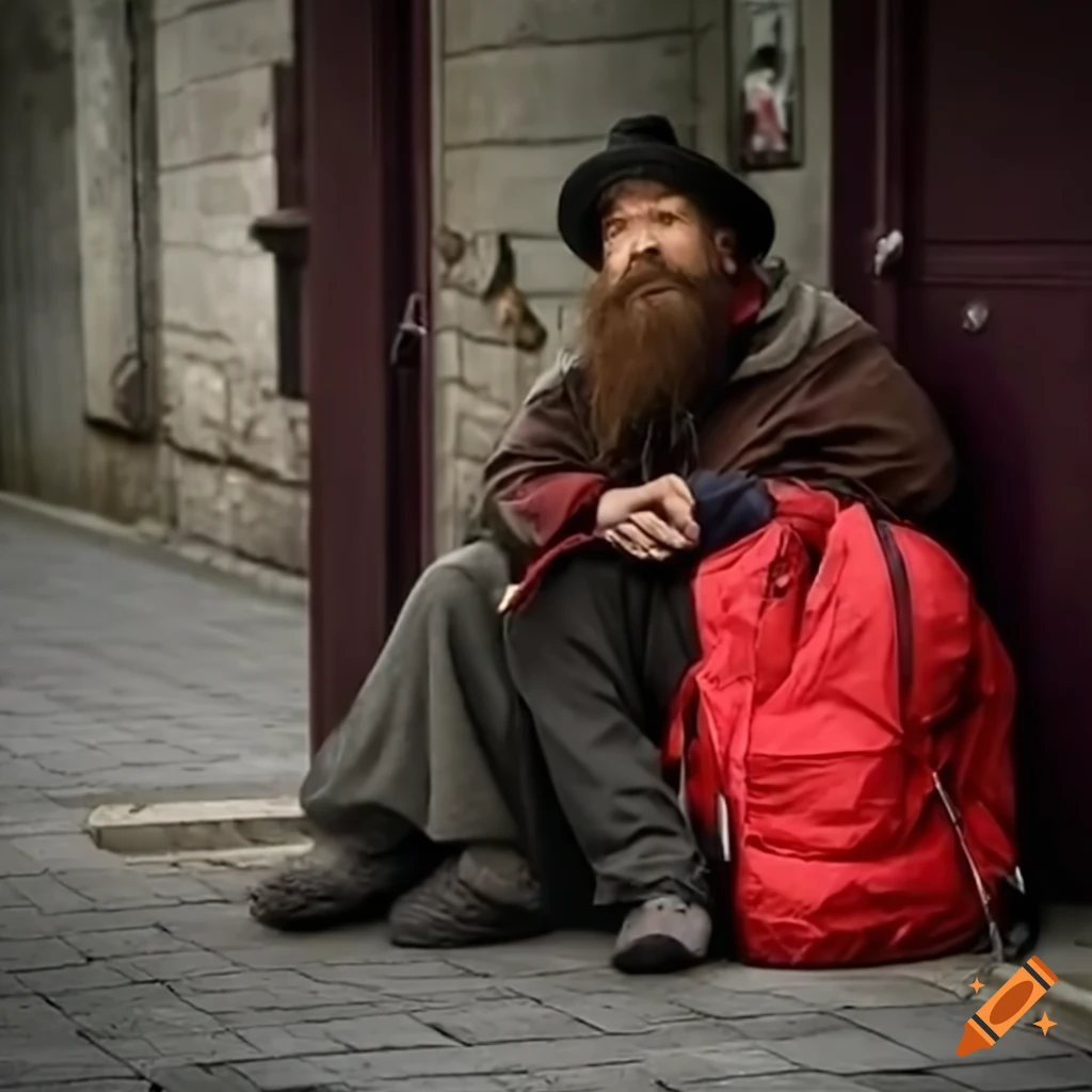 Homeless man with a phone and his dog by his side on Craiyon