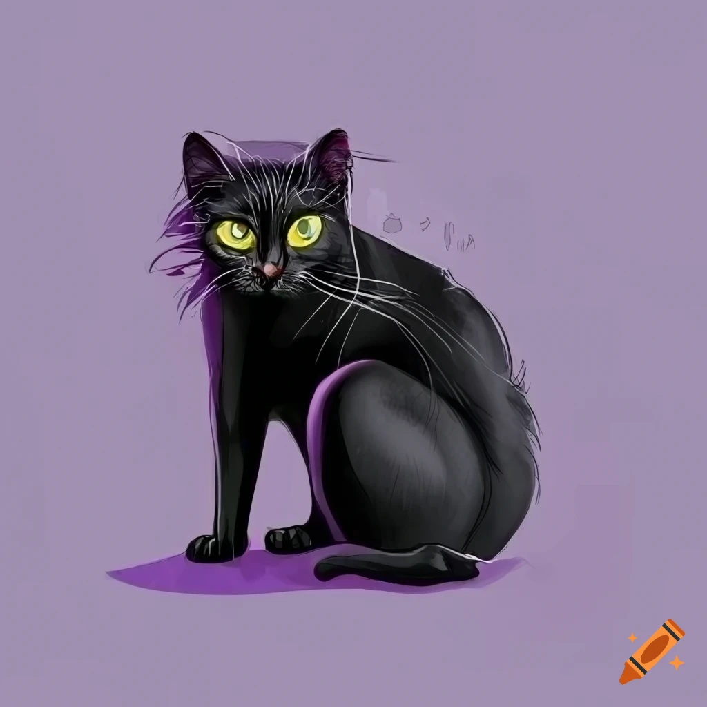 Digital drawing of a black cat with a long tail
