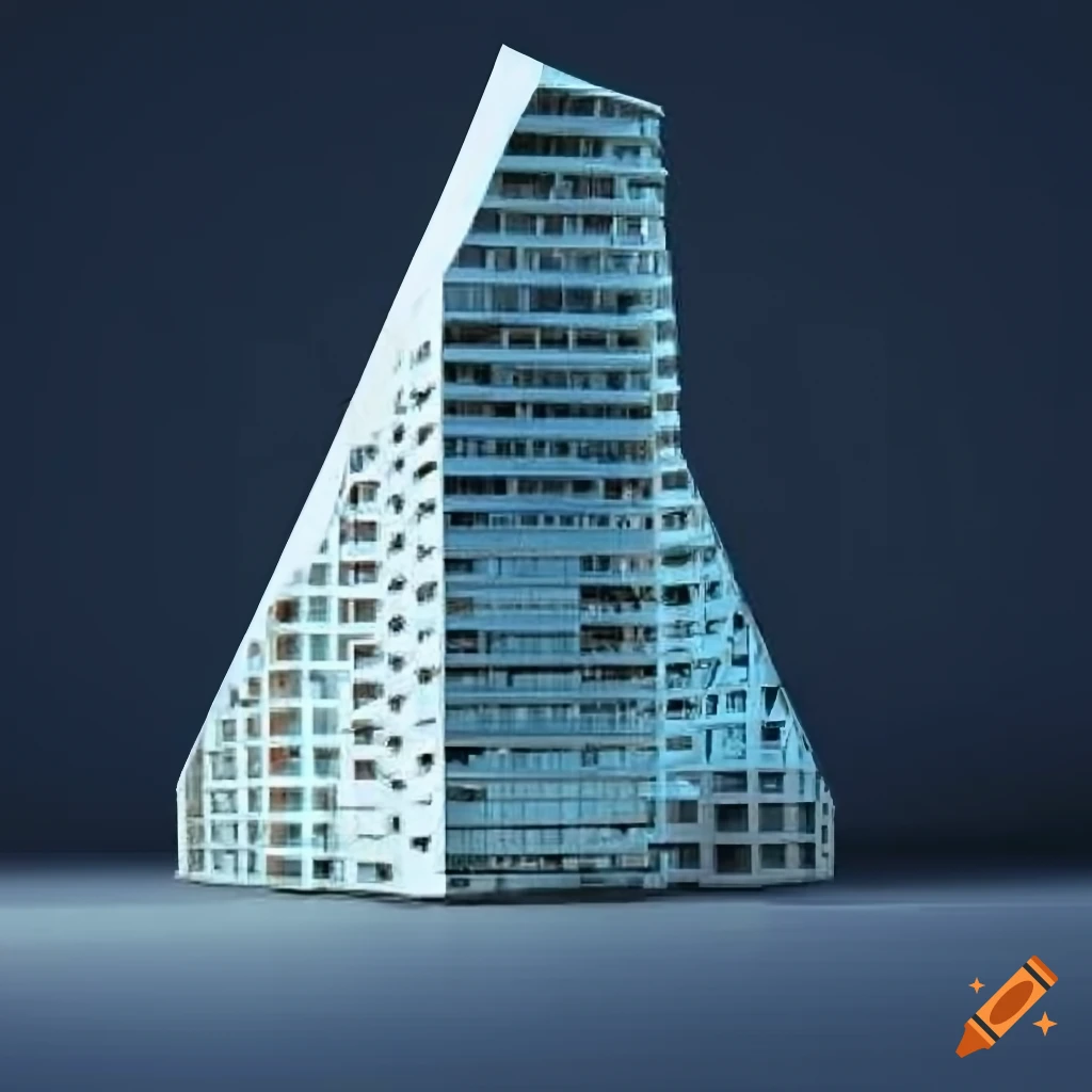 Orthographic 3D rendering of a modern wedge-shaped building on Craiyon