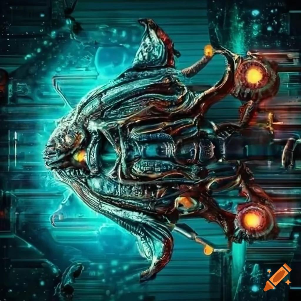 Surrealist artwork of insect-like aliens and machines on Craiyon