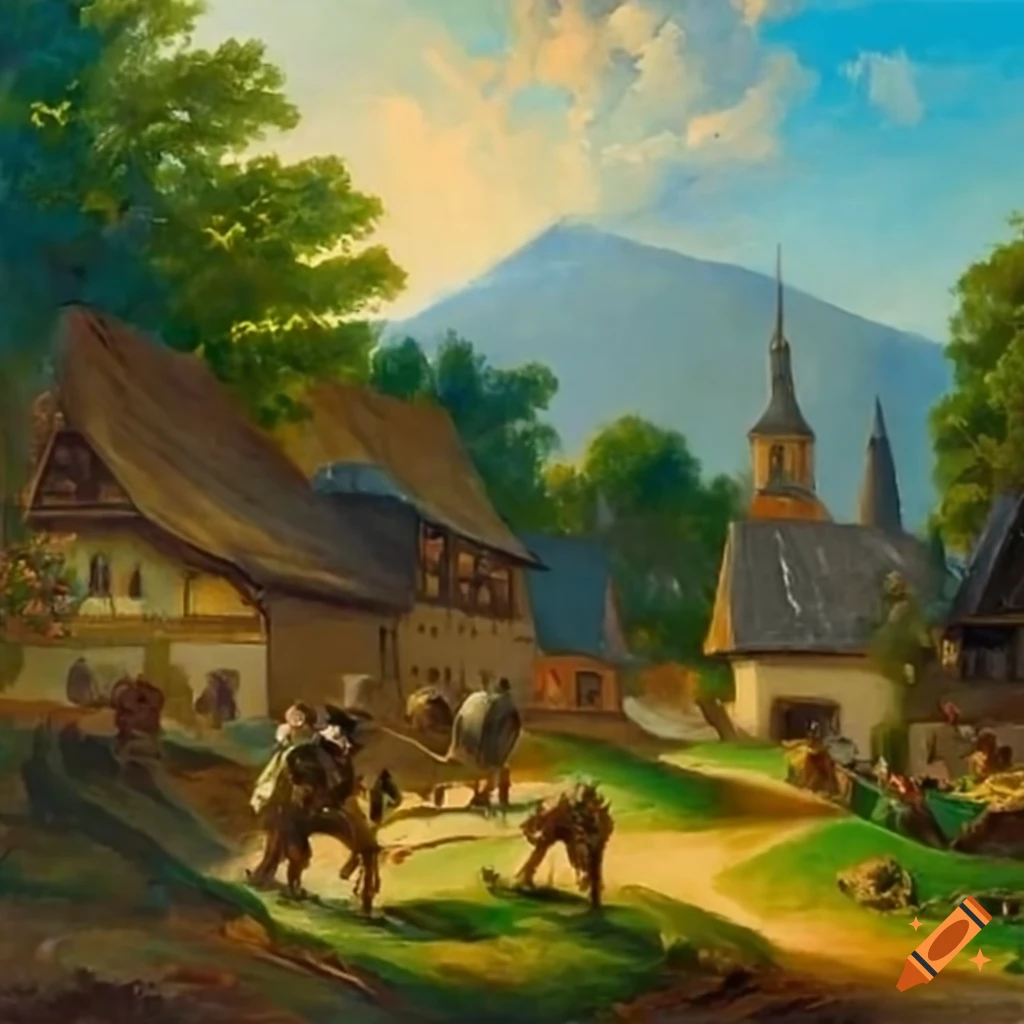 Baroque painting of farmers celebrating in a german village on Craiyon
