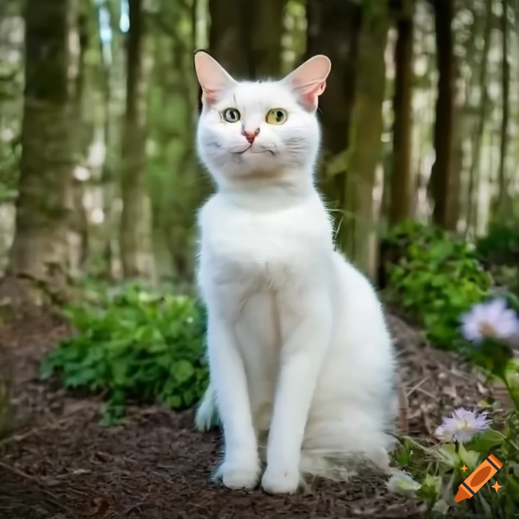 White cat admiring a flower in the forest on Craiyon