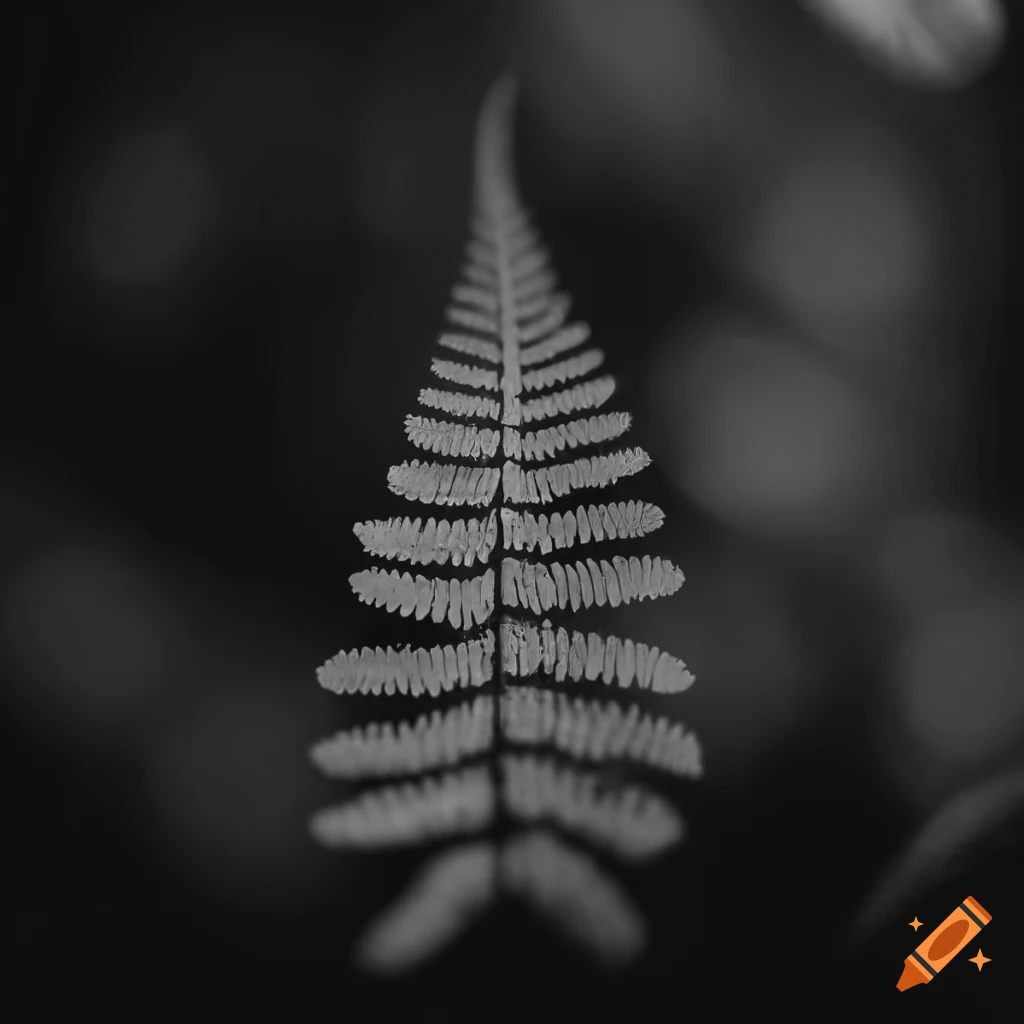 Close-up of a grayscale fern leaf in a forest