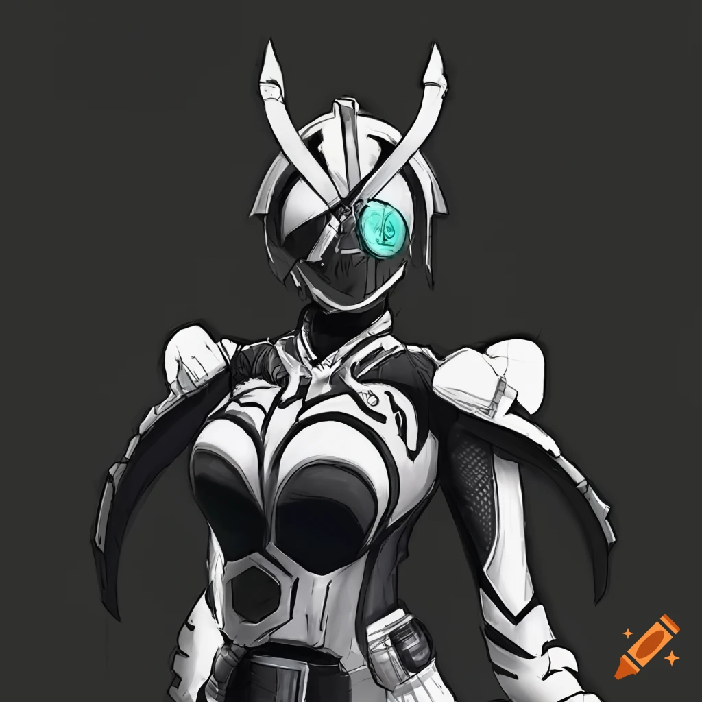 Black and white artwork of female tarantula kamen rider on Craiyon