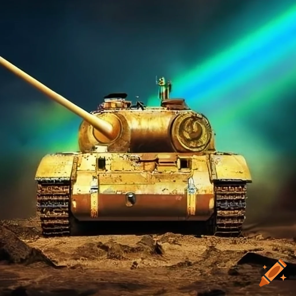 Golden tank driving over a rainbow
