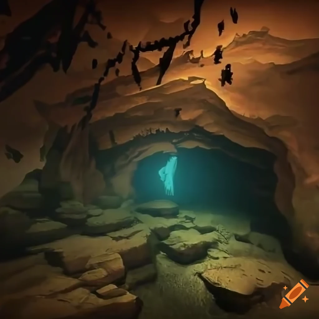 Image of a deep cave with sunken gravestones on Craiyon