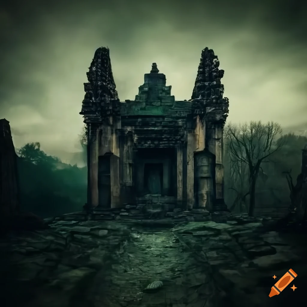 Decaying ruins of a temple surrounded by dead forest on Craiyon