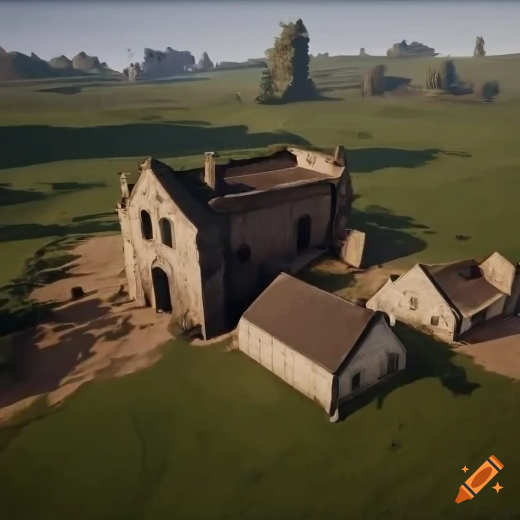 Aerial view of a sci-fi etruscan house on grassland
