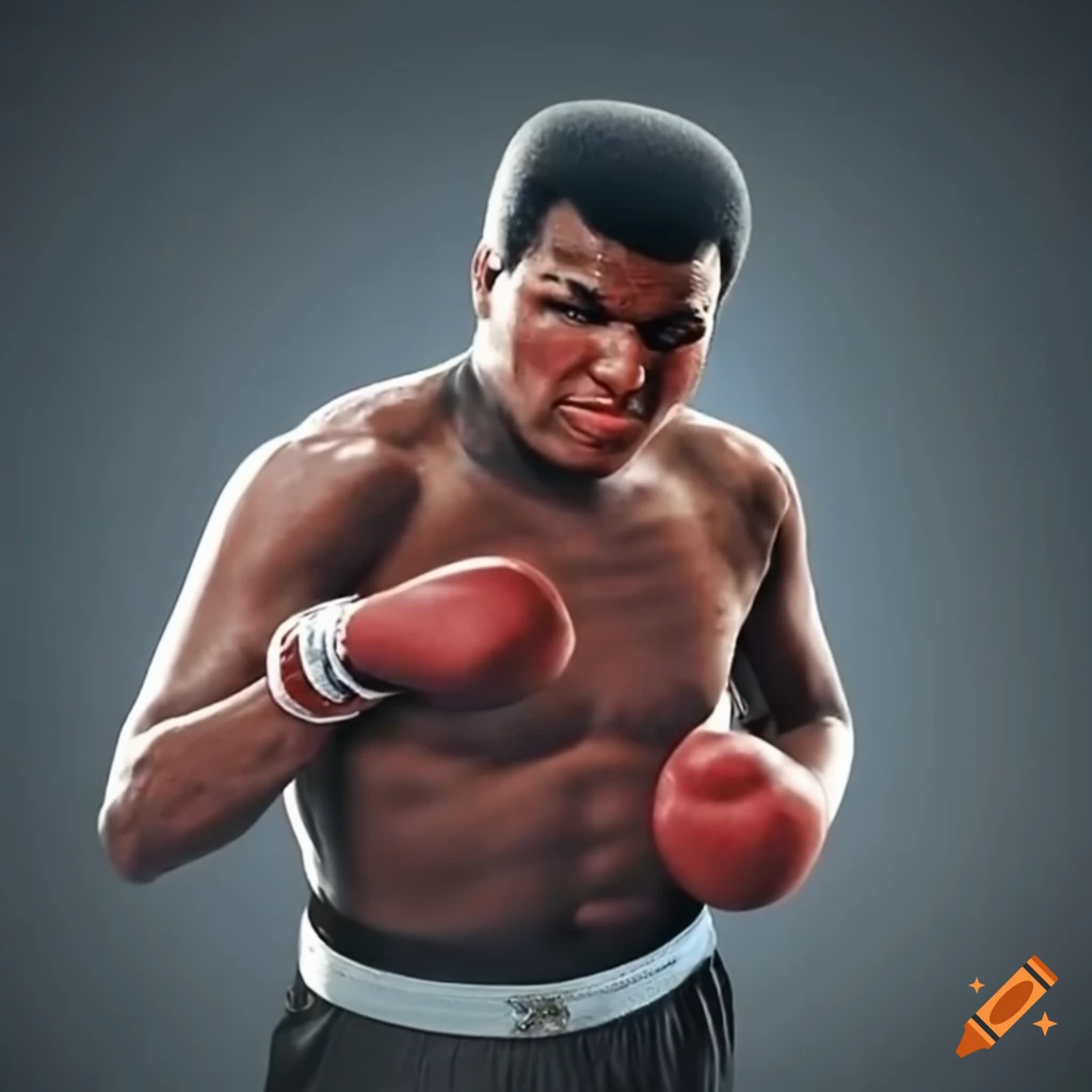 Muhammad Ali in the ring with raised fists on Craiyon