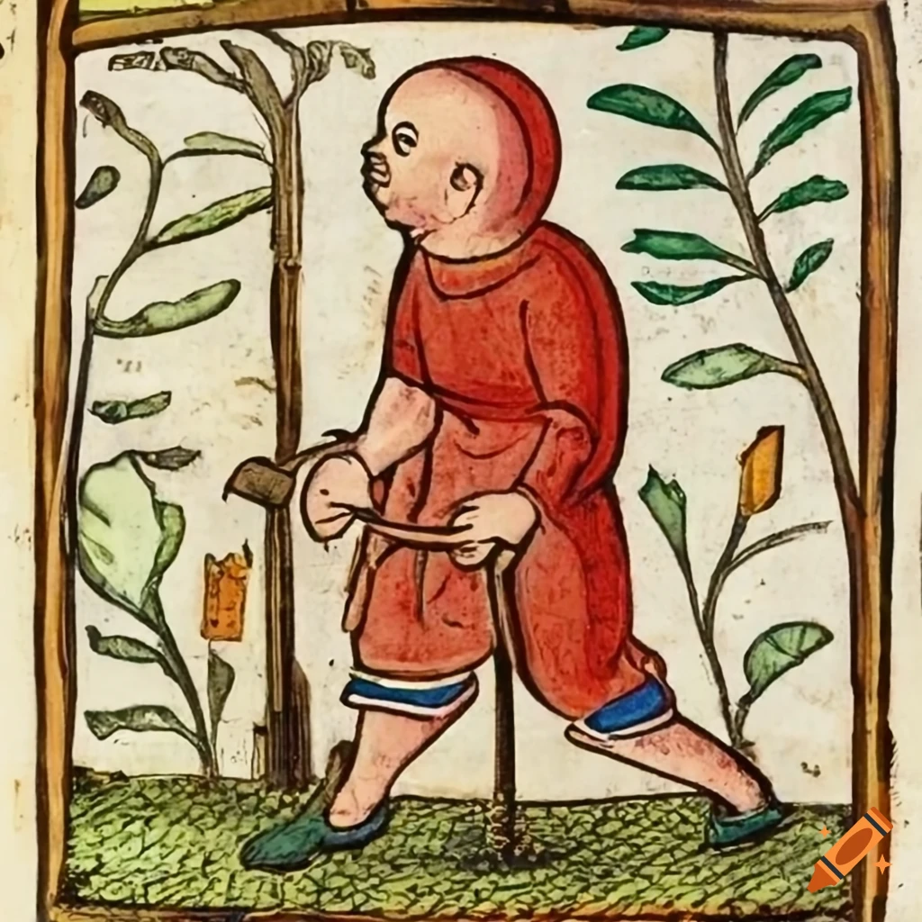 Medieval manuscript illustration of a man next to a bucket on Craiyon