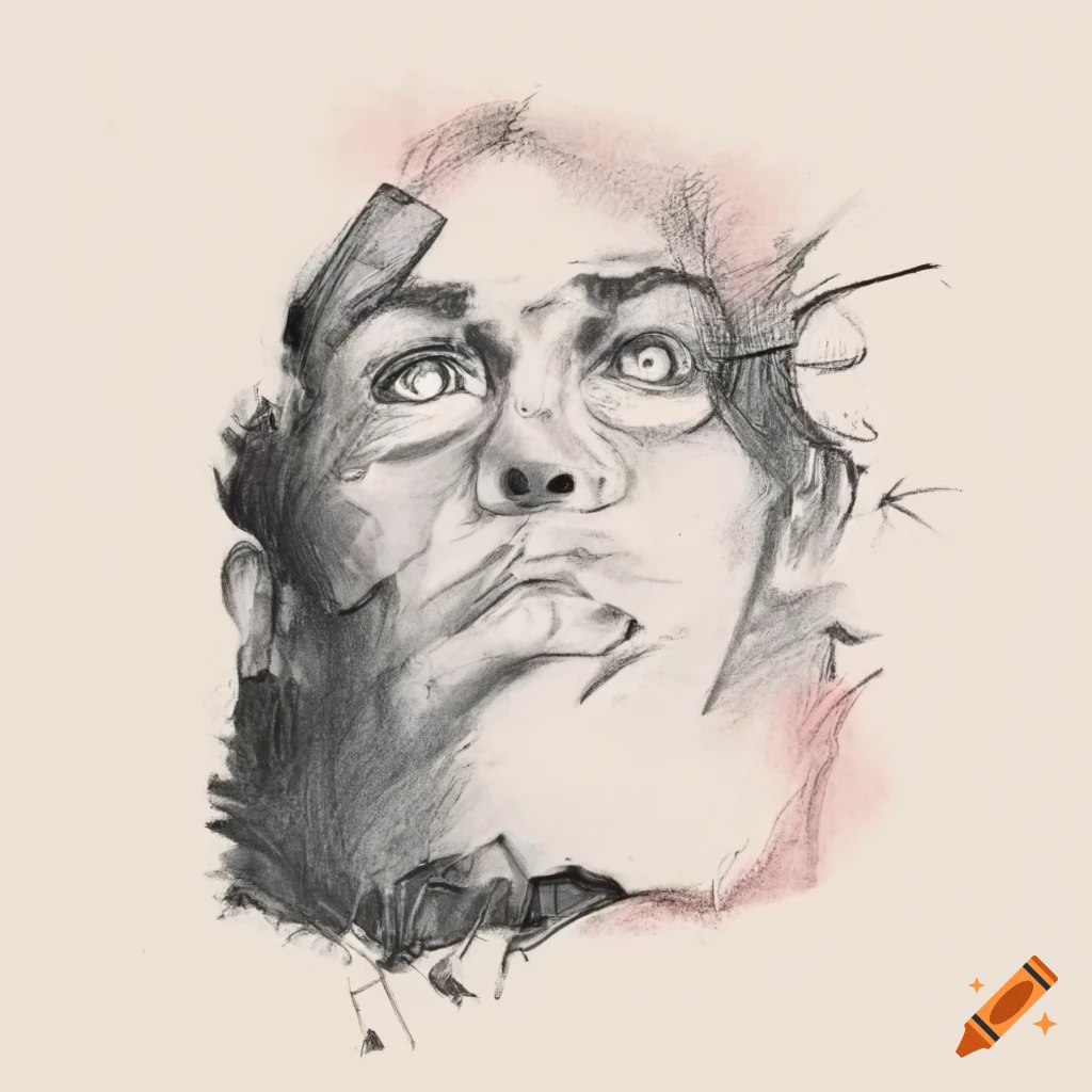 Illustration of a man with long curly hair, square head shape, thick ...