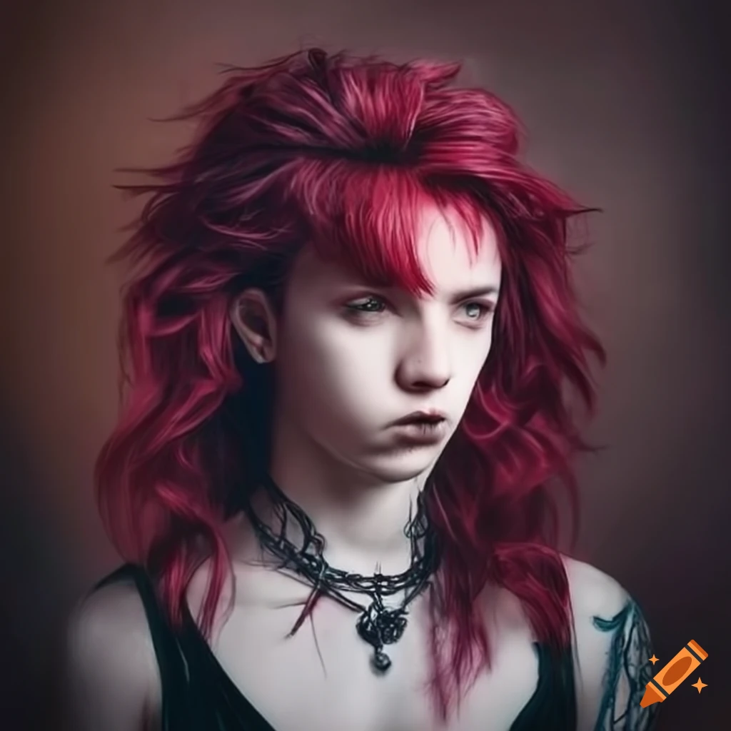 Gothic fashion portrait of an androgynous boy with long carmine hair on ...