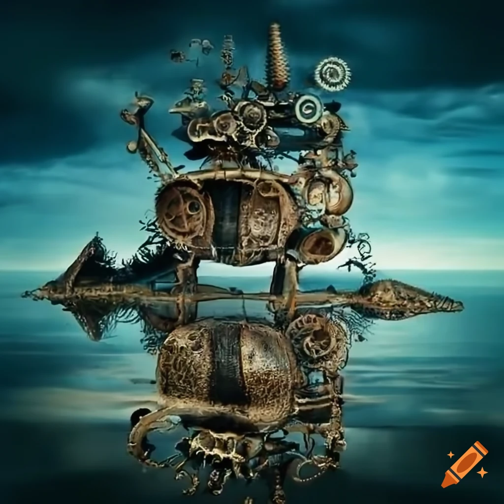 Surreal steampunk scene with crabs and skulls on the beach on Craiyon