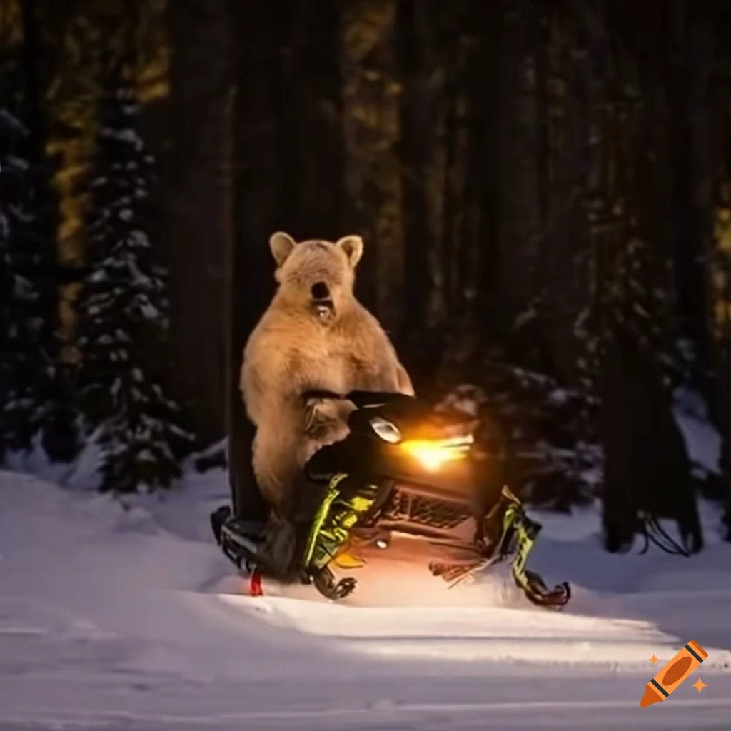 Bear riding a snowmobile