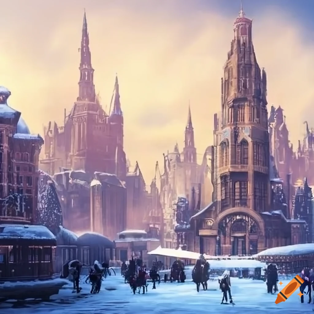 Cityscape of a snowy steampunk plaza