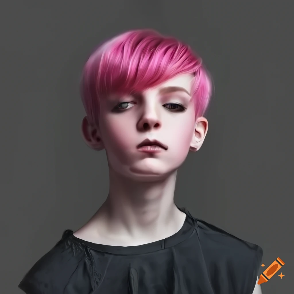 Portrait of a stylish androgynous boy with short pink hair on Craiyon
