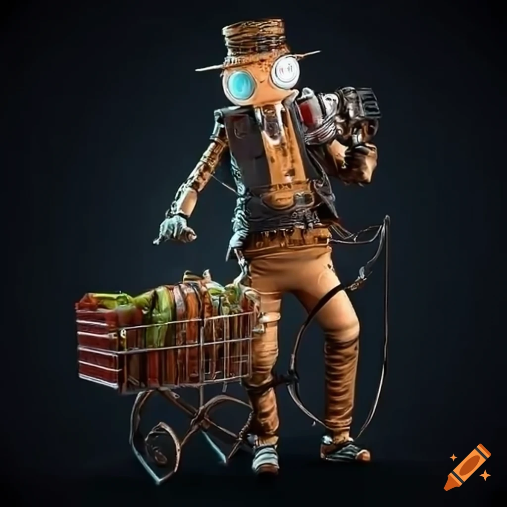 Steampunk robotic snake oil salesman with cart on Craiyon