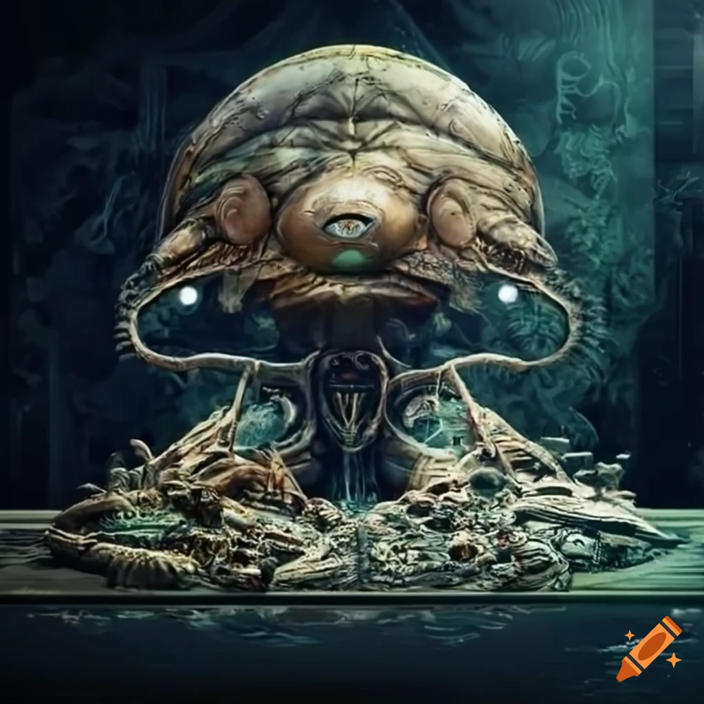 Surreal artwork of insect-like aliens and machinery in front of ...