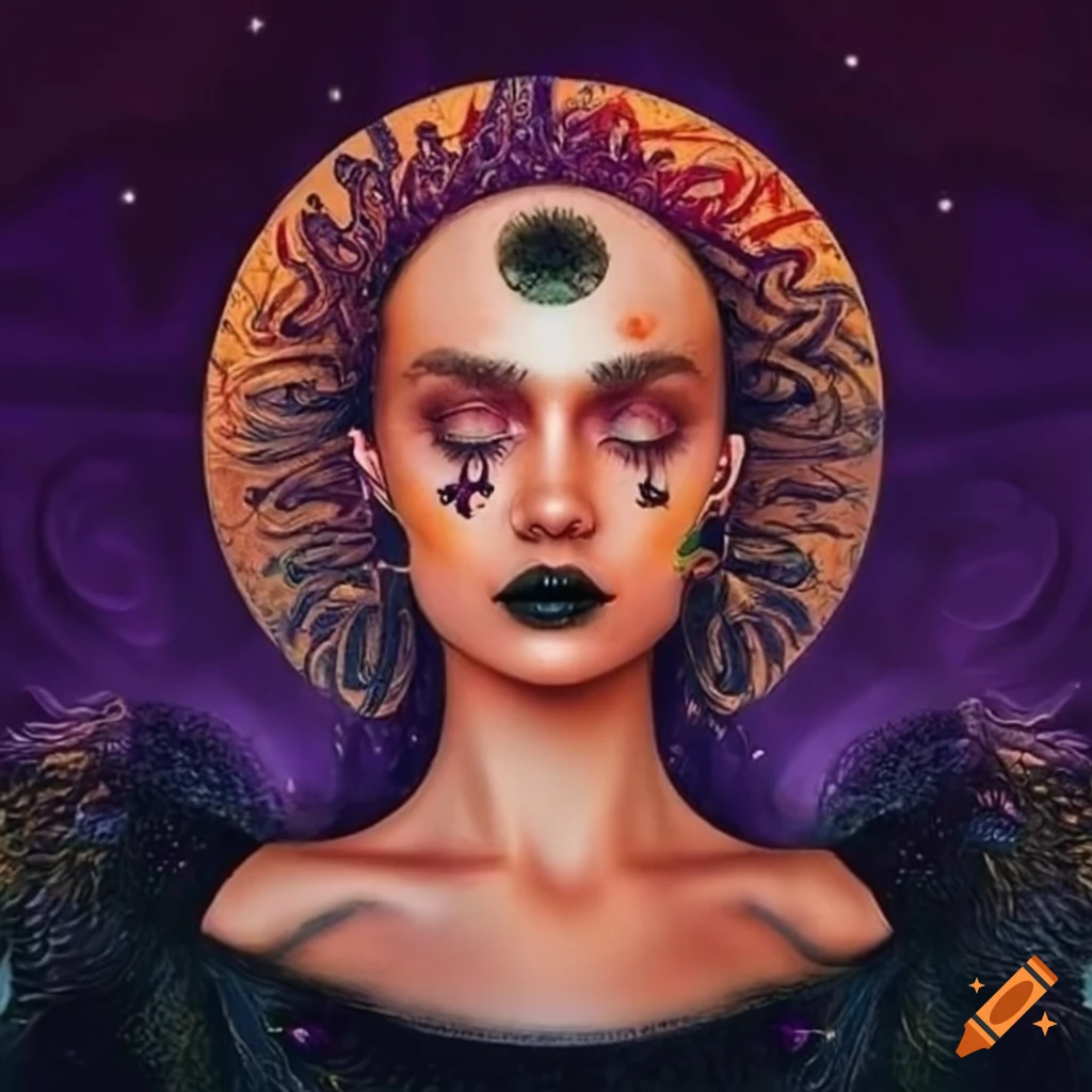 Illustration of a mystical princess surrounded by mushrooms on Craiyon