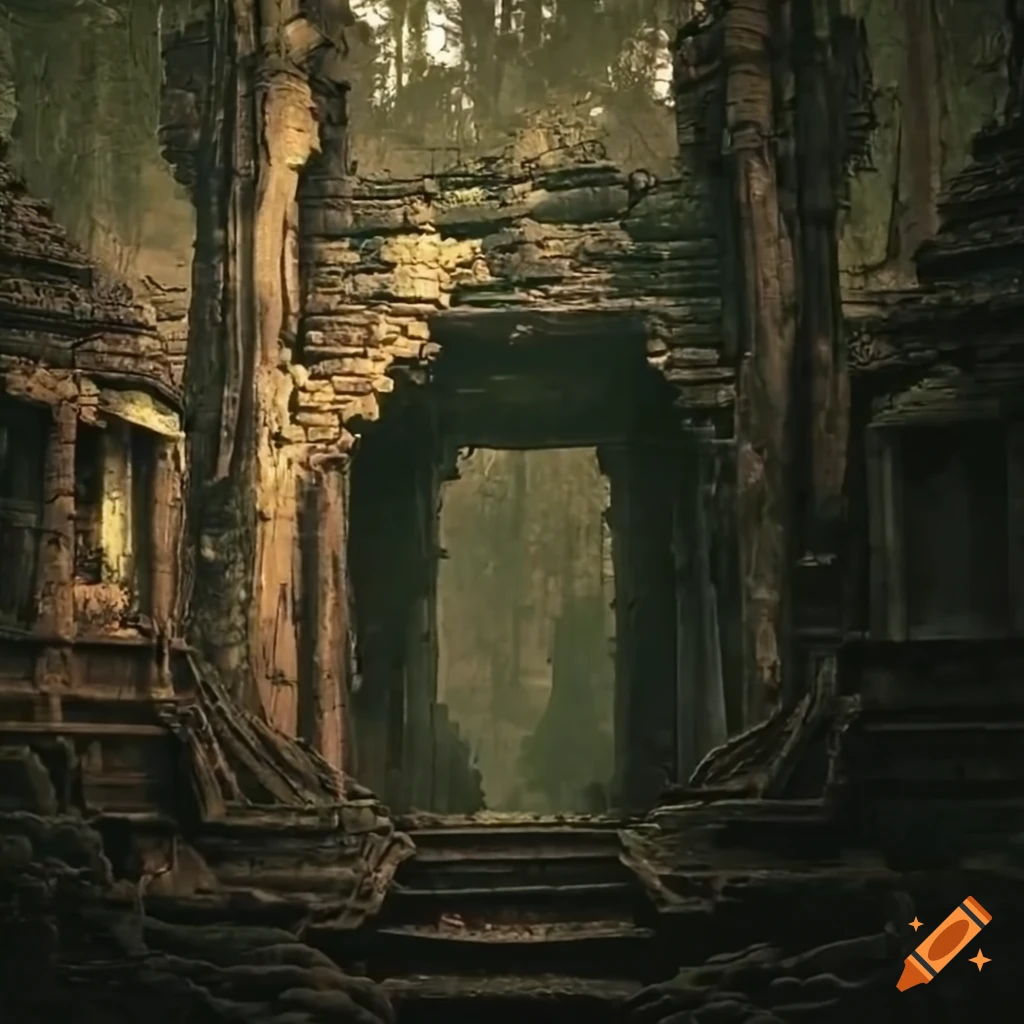 Decaying ruins of a temple surrounded by dead forest on Craiyon