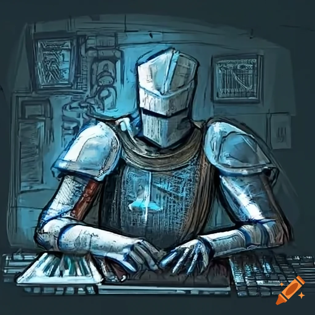 Modern knight coding on computer on Craiyon