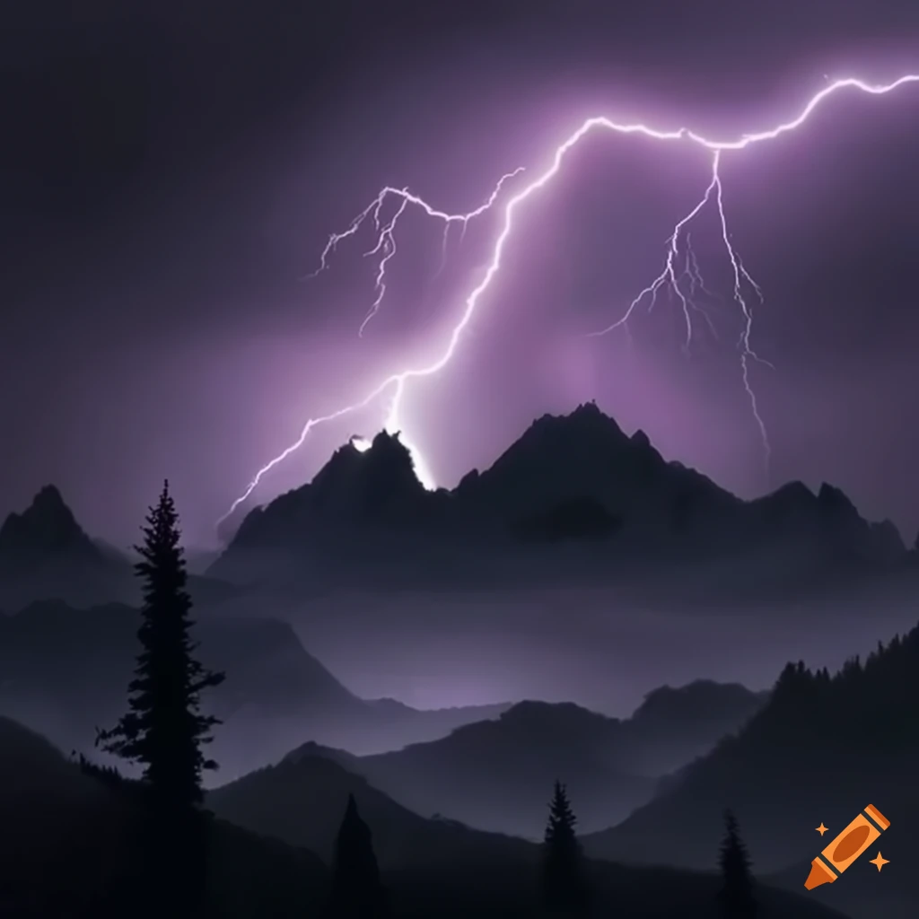 Purple lightning striking mountains during a storm on Craiyon