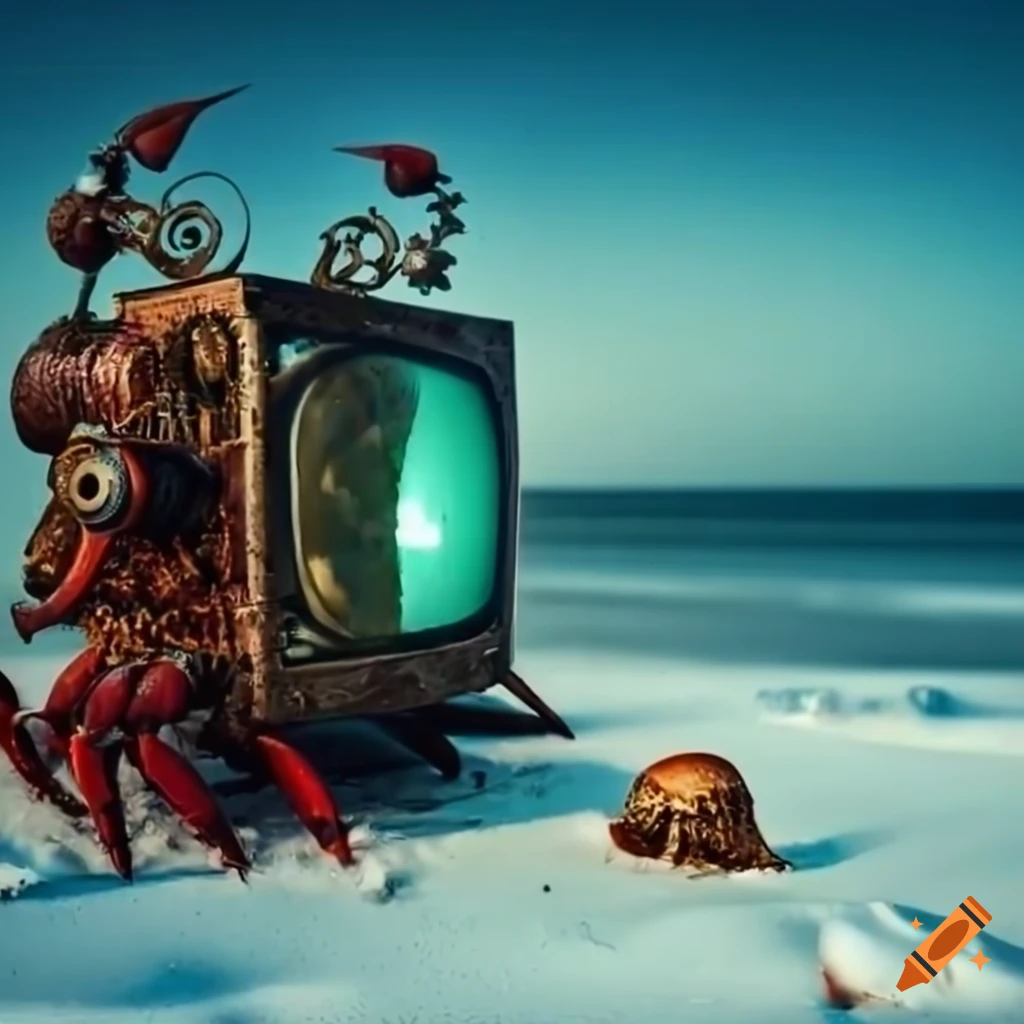 Steampunk crab-like machines with a television on the beach on Craiyon