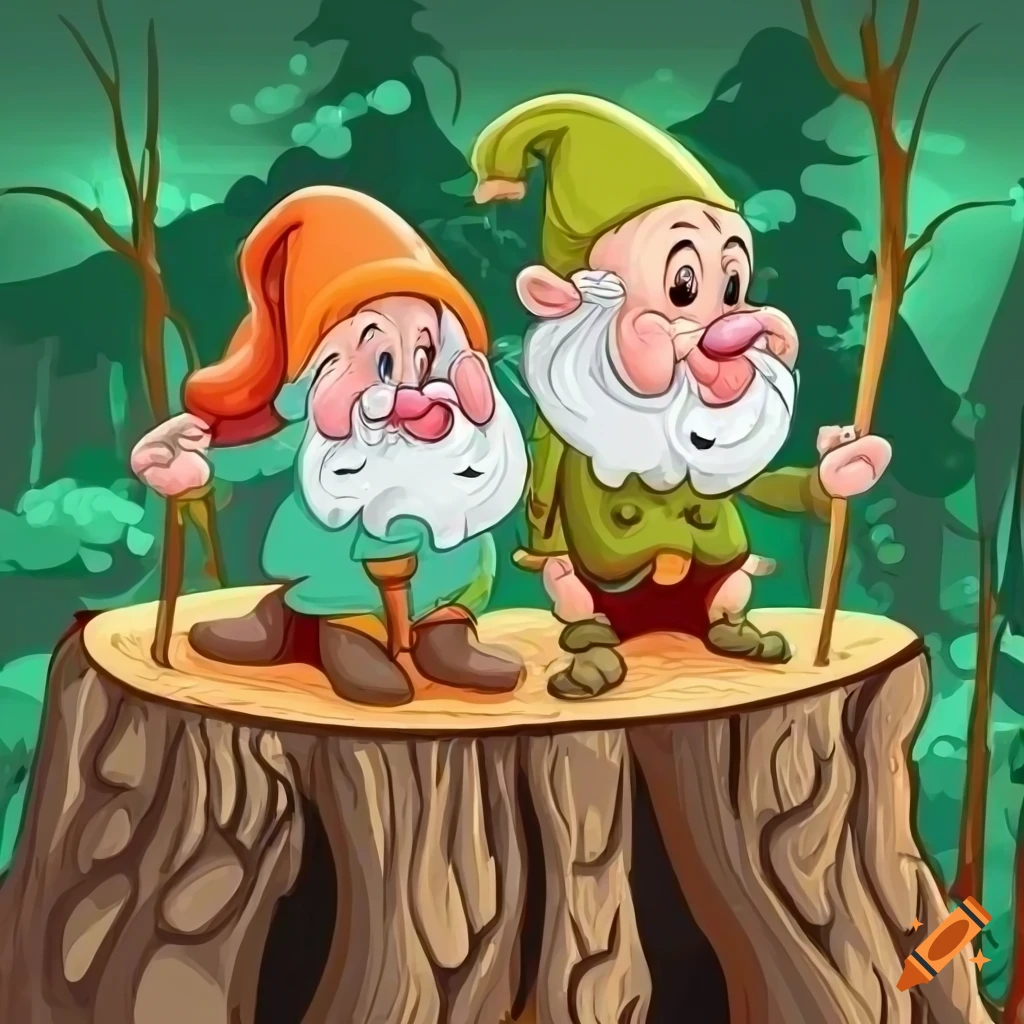 Cartoon dwarfs on a tree stump