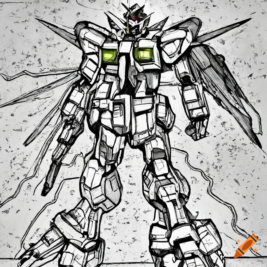 Detailed pen and ink gundam illustration