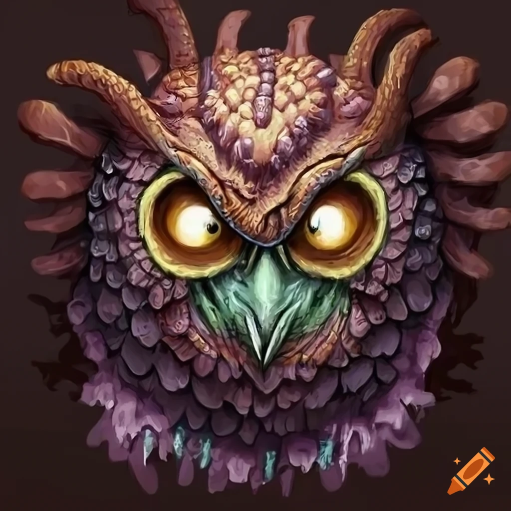Muscular humanoid creature with feather cover and owl face on Craiyon