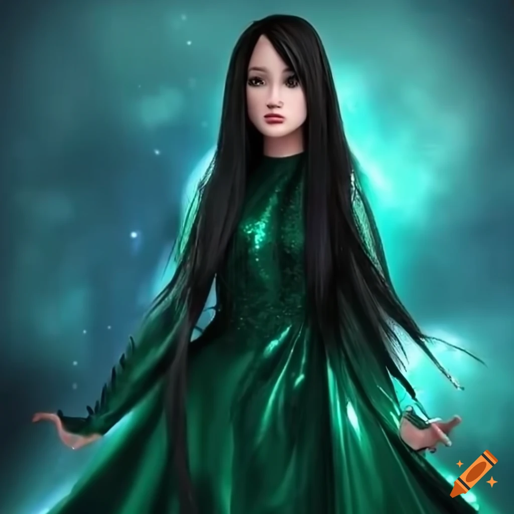 Princess in a long dark green sequin satin dress on Craiyon