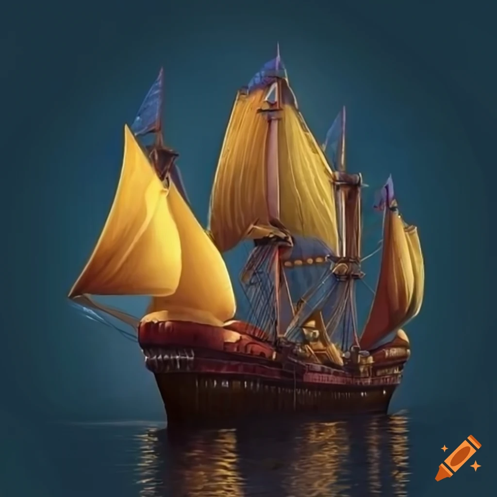 Detailed solar punk sailing vessel with rocket engines flying by stars ...