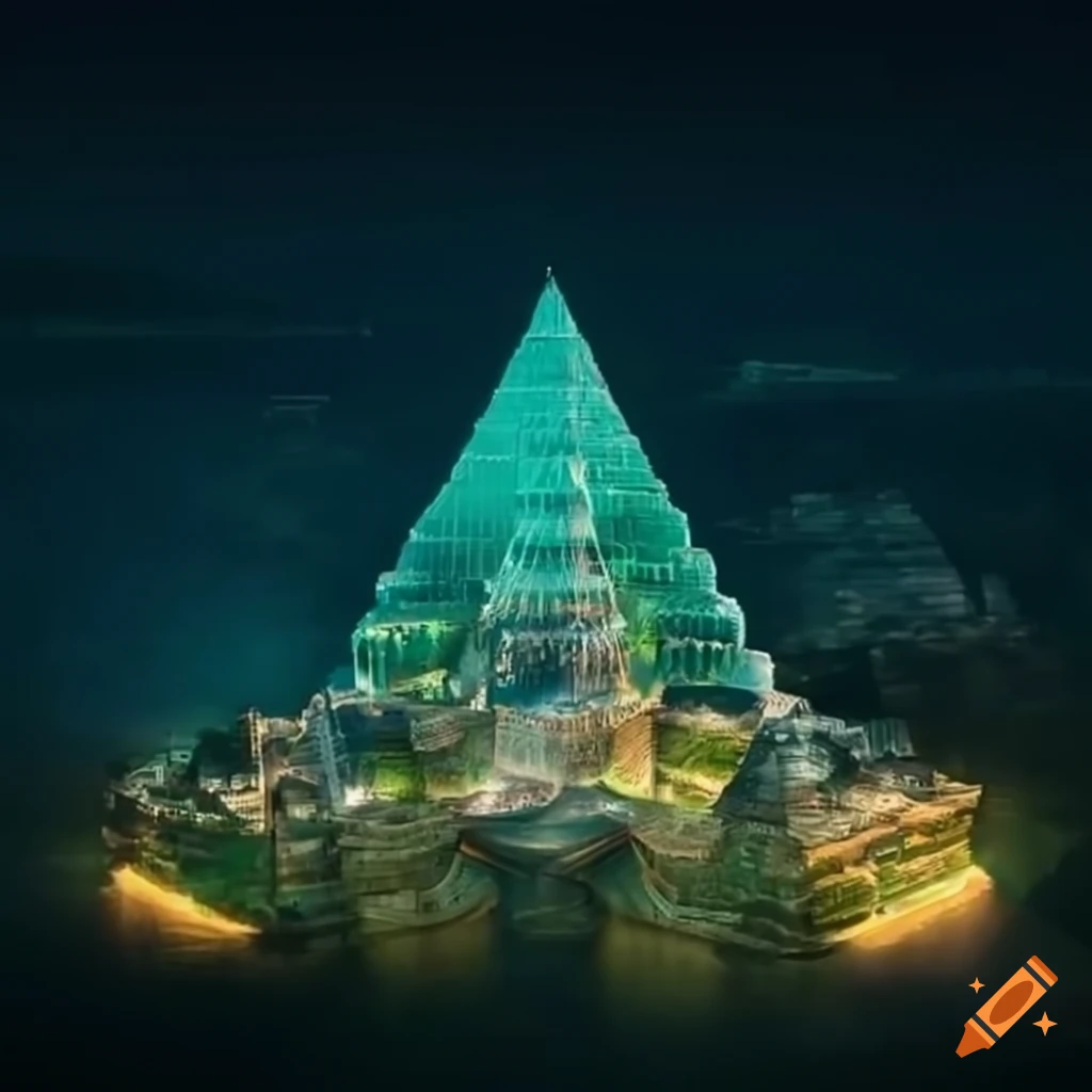 Night skyline of a futuristic jungle city with pyramid-shaped buildings ...