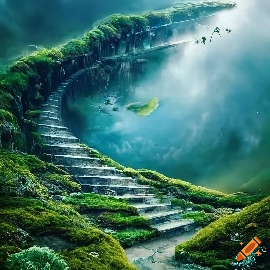 Surreal artwork of a staircase leading to a fantasy world on Craiyon